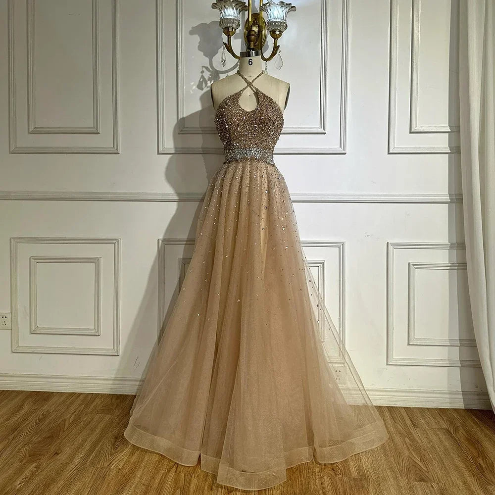 Customized Saudi Arabic Caramel Halter Beaded Tulle A-Line Evening Dre ...