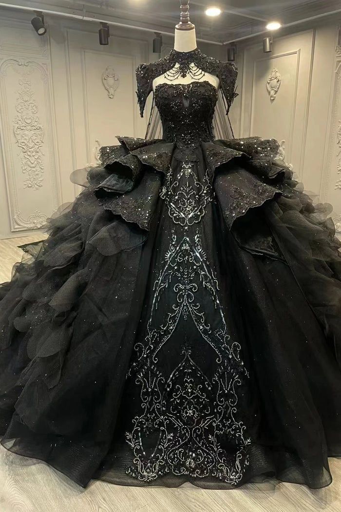 Elegant Black Gothic Ball Gown - Exquisite Off-Shoulder Beaded Evening – Larosabride