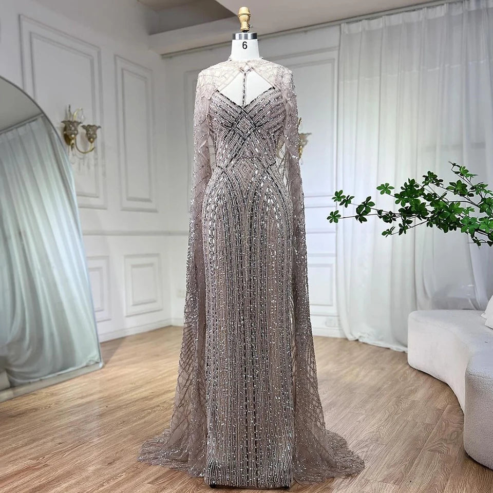 2025 Arabic Caramel Mermaid Long Cloak Beaded Dubai Luxury Evening Dre ...