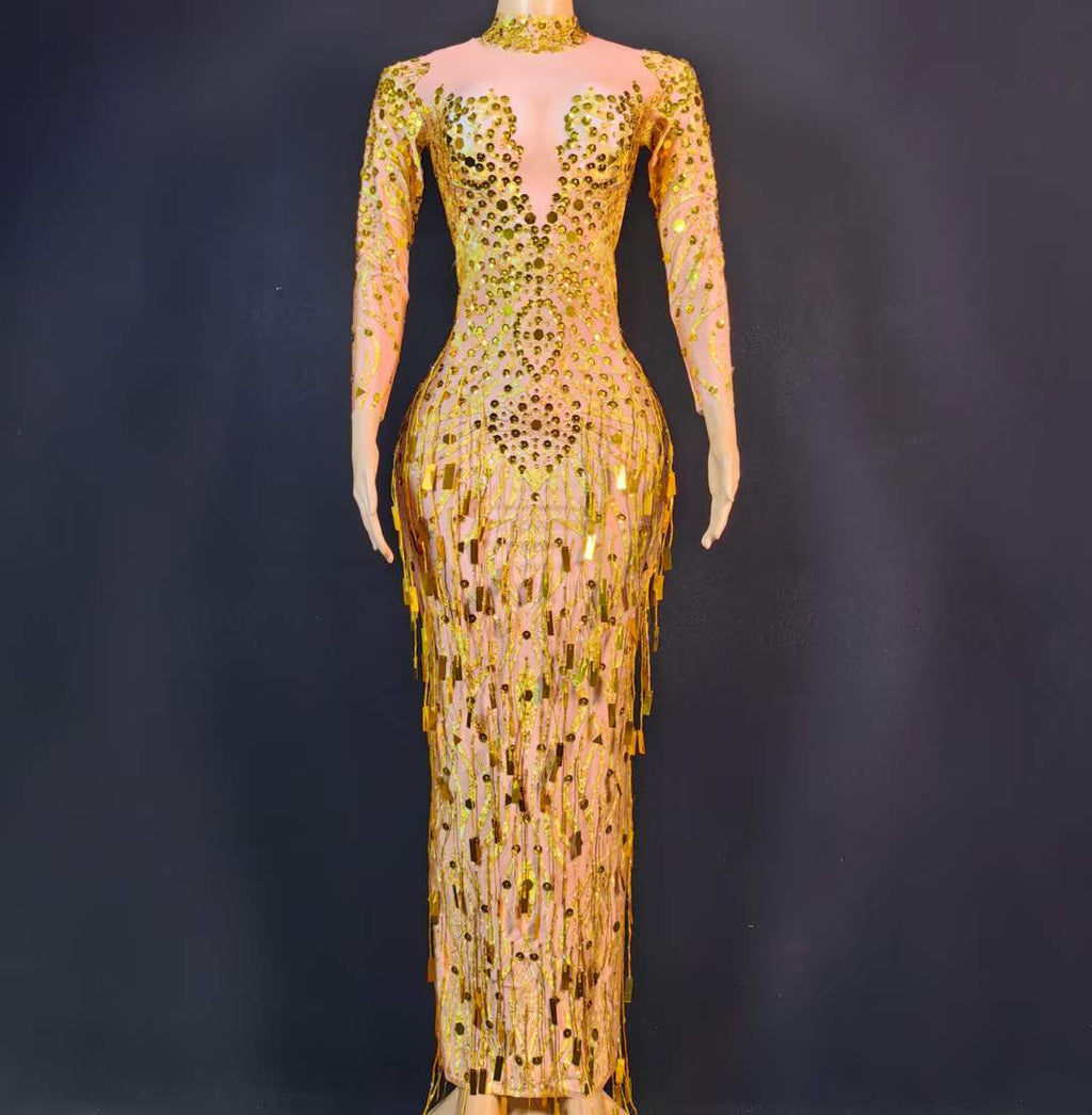 Opulent High-Neck Sheer Gold Beaded Gown with Fringe Details – Larosabride